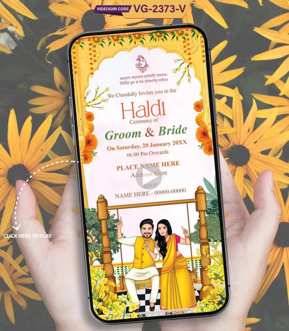Vibrant Caricature Haldi Ceremony Invitation Video | Yellow Marigold S ...