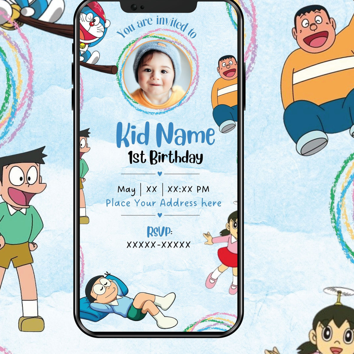 Doraemon Theme 1st Birthday Invitation Card | Cute Cartoon Photo E ...