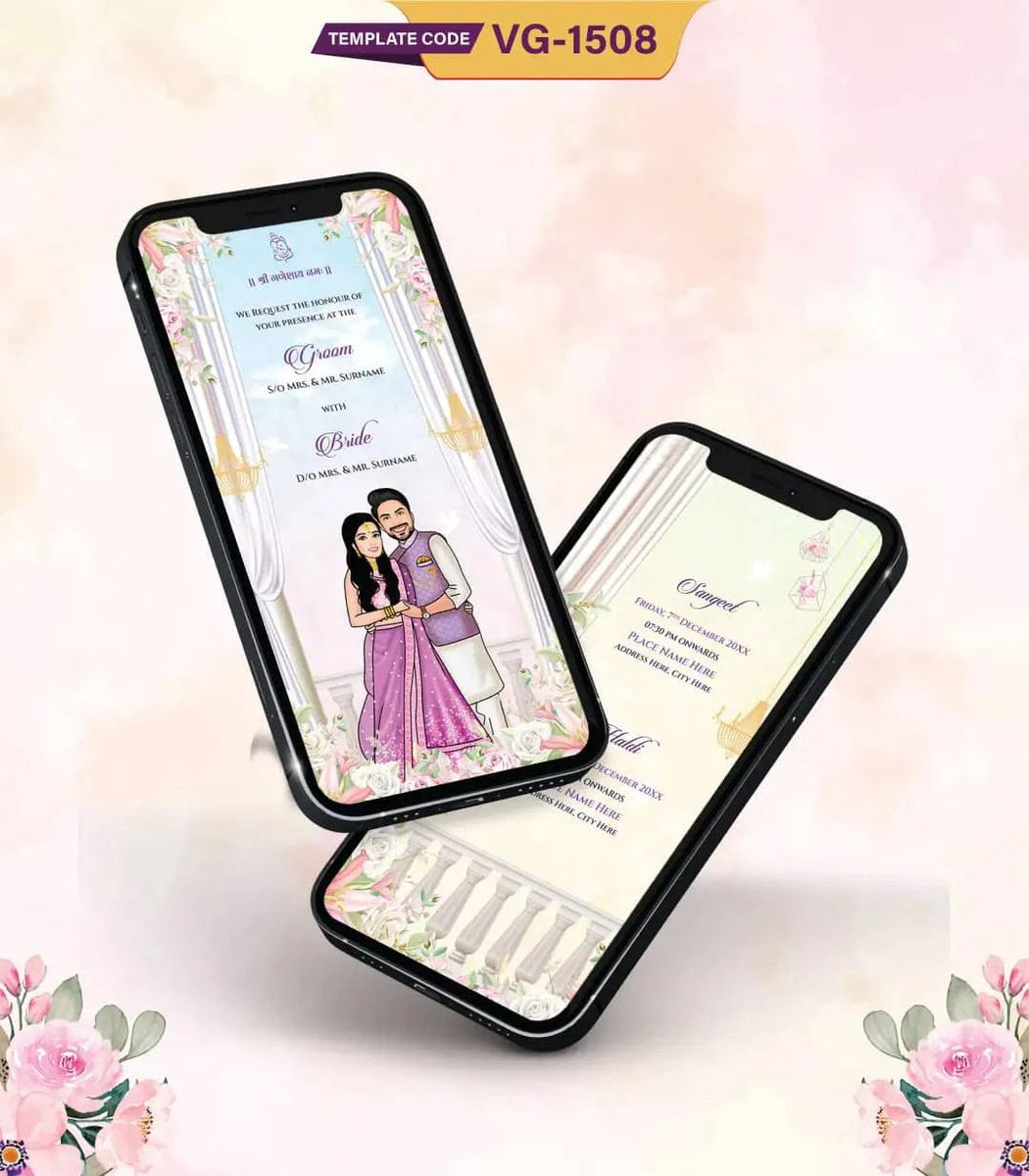 Floral Caricature Wedding Invitation | Elegant Digital Wedding Invite ...