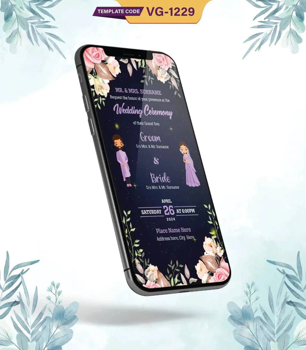 Floral Cartoon Couple Wedding Invitation | Whimsical Digital Wedding ...