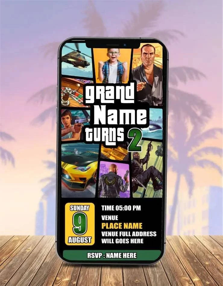 Grand Theft Auto Birthday Invitation | Gamer Theme GTA Party Card | VG ...