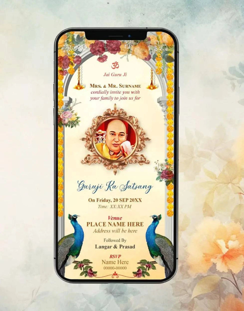 Guruji Satsang Invite Card | Royal Arch Design with Floral & Peacock M ...