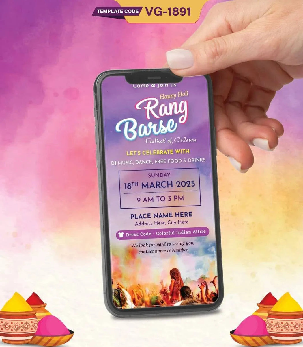 Holi Celebration Invitation Card | Rang Barse Festival of Colours E-In ...