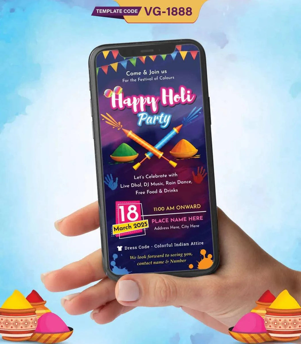 Holi Festival Invitation Card | Live Dhol DJ Rain Dance Party E-Invite ...