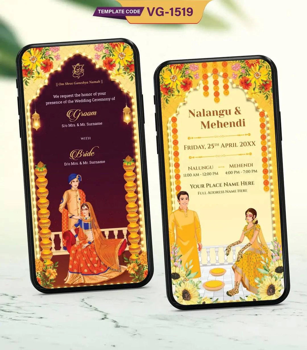 Indian Illustration Wedding Invitation Card | Nalangu & Mehendi Ceremo ...