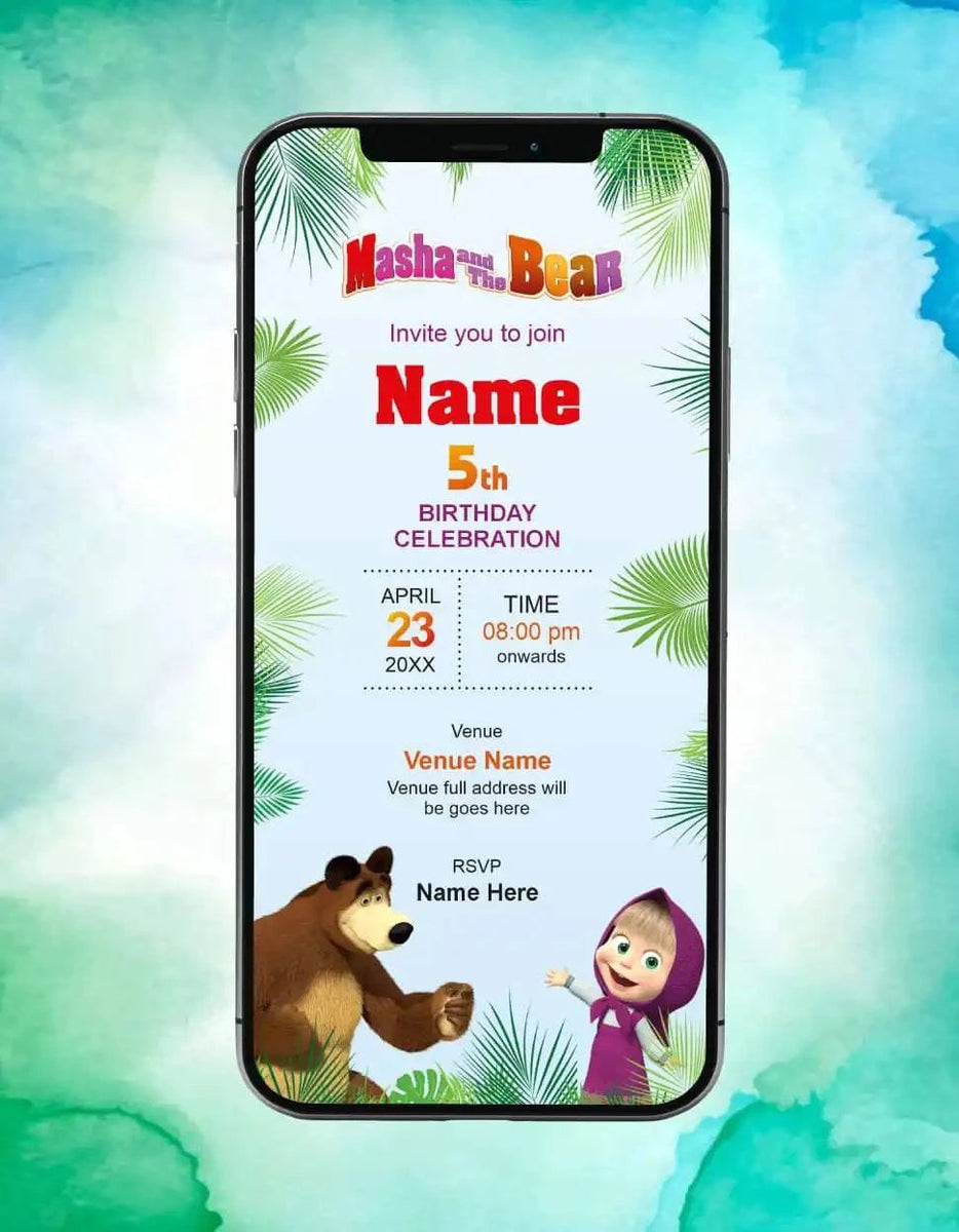 Masha And The Bear Birthday Invitation | Cute Jungle Theme Kids E-Invi