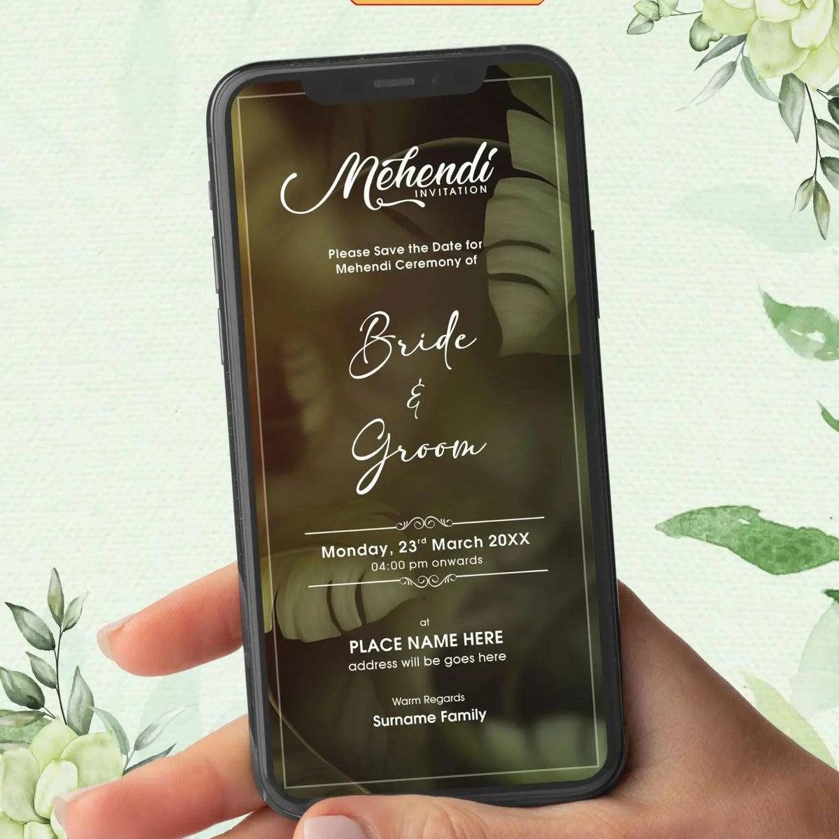 Mehendi Invitations | Dark Green Minimal Leaf Background Digital E-Inv ...
