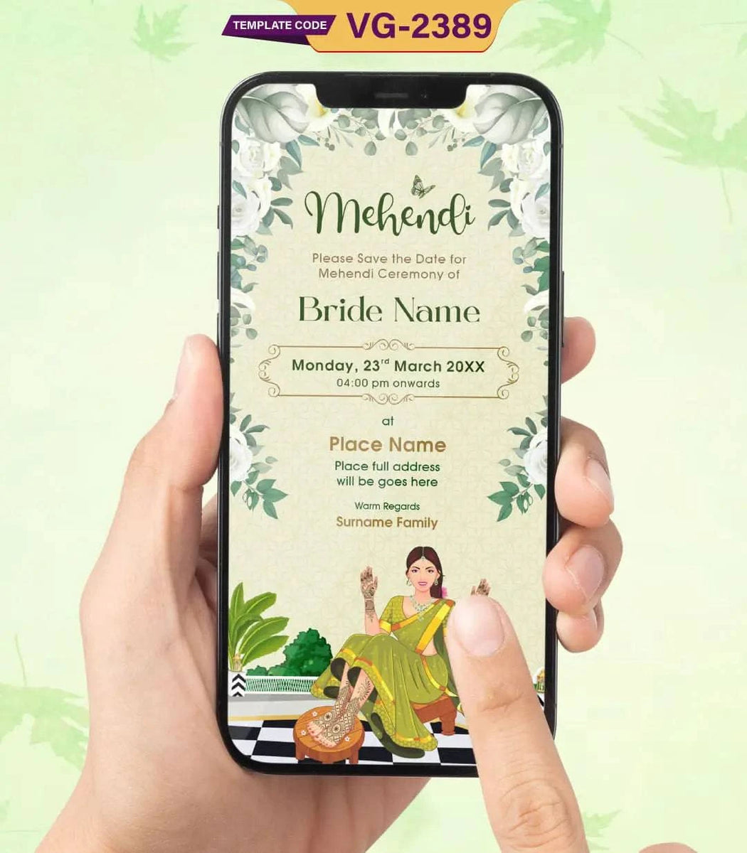 Mehndi Function Invitation eCard | Minimal Floral Theme With Bride Sit ...