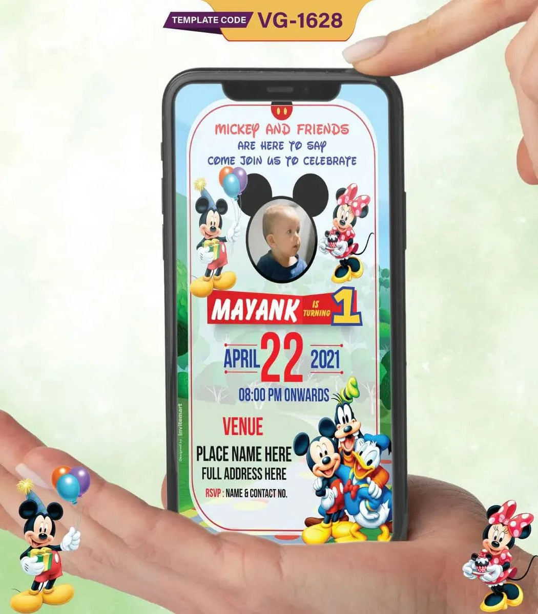 Mickey Mouse Birthday Invite | Colorful First Birthday Celebration E-C ...