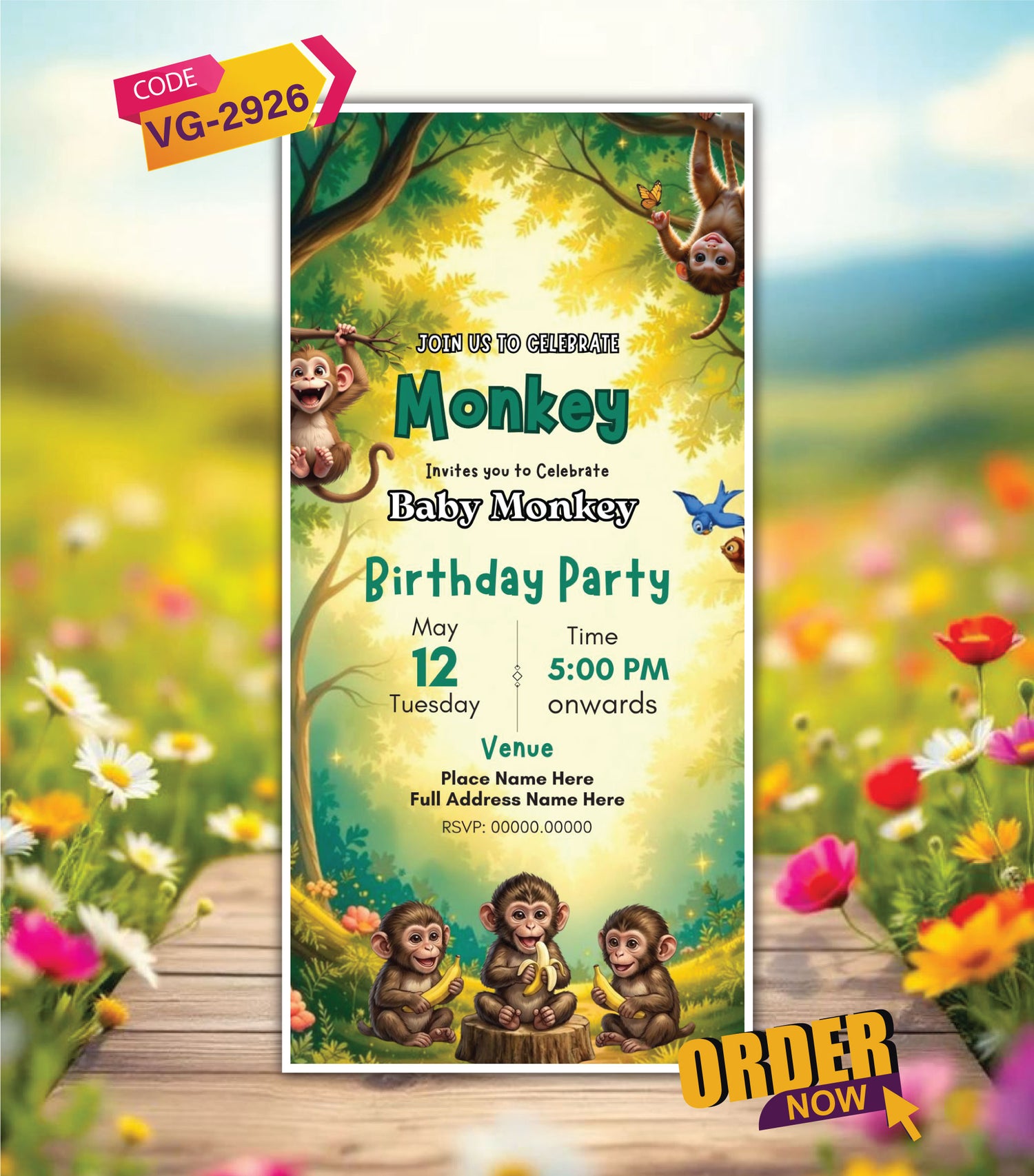 Monkey Theme Birthday Invitation Card | Kids Jungle Party Digital E-In ...