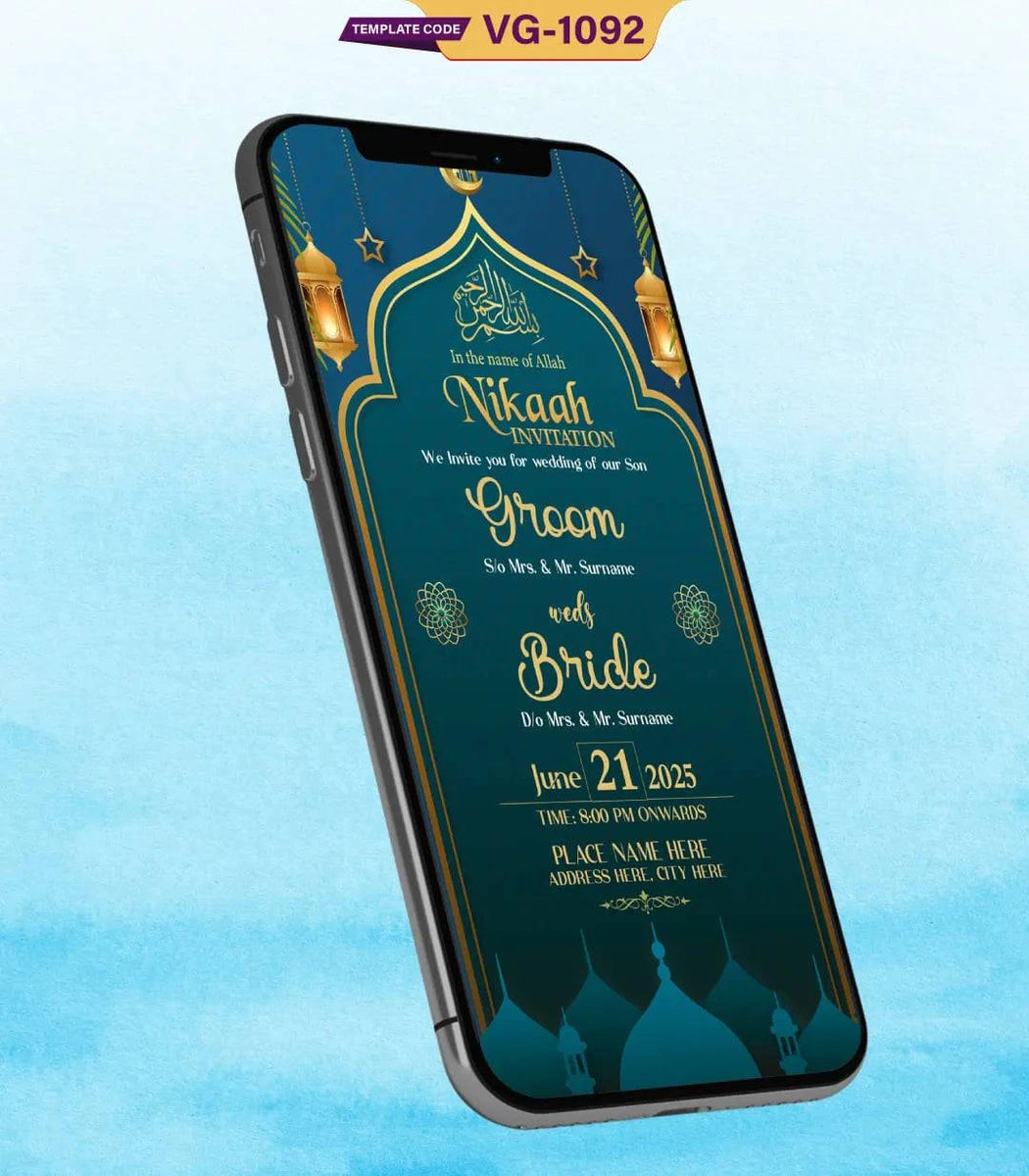 Muslim Wedding Card | Royal Blue Nikaah Invitation with Mosque Silhoue