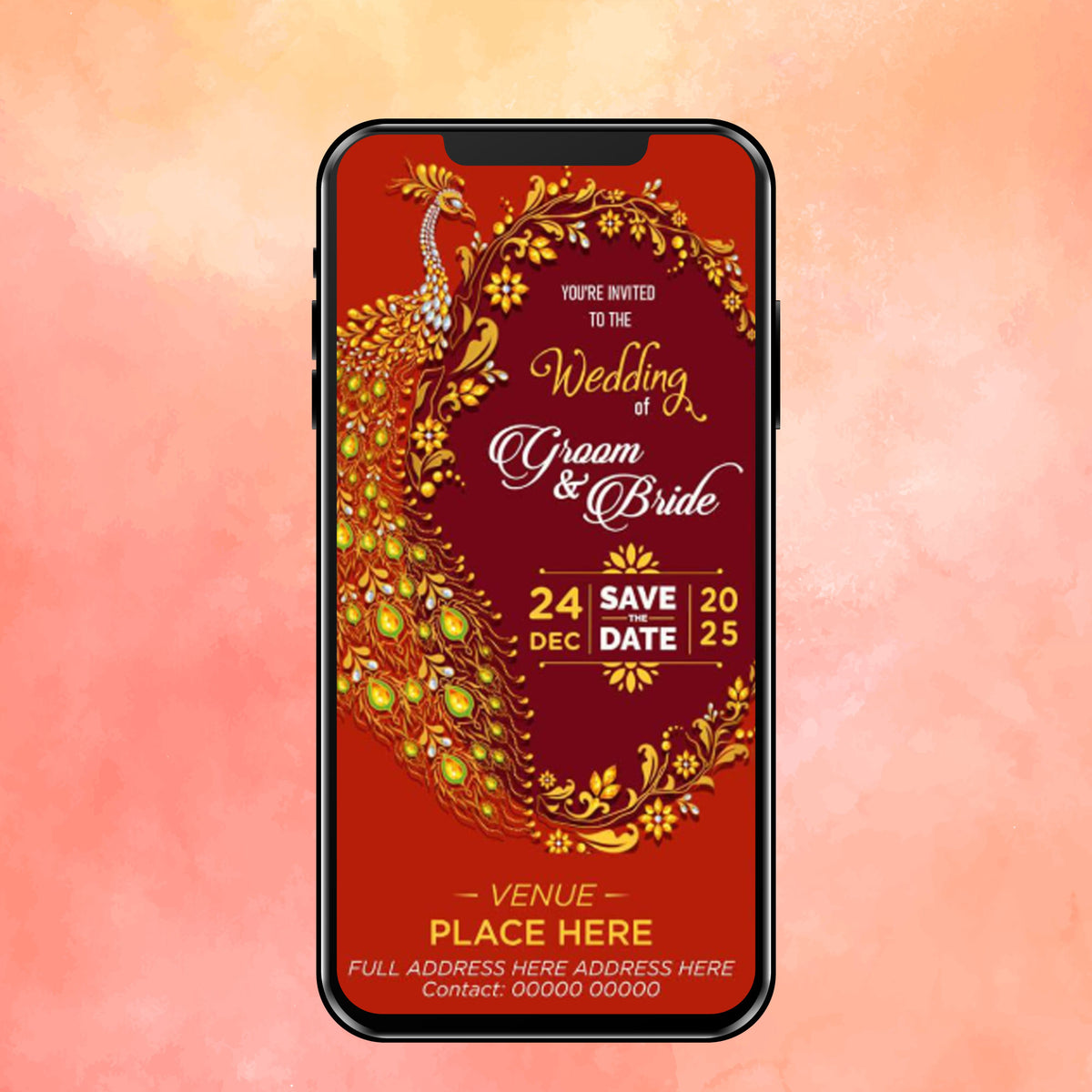 Peacock Wedding eInvite Samples | Royal Red and Gold Save the Date eCa ...