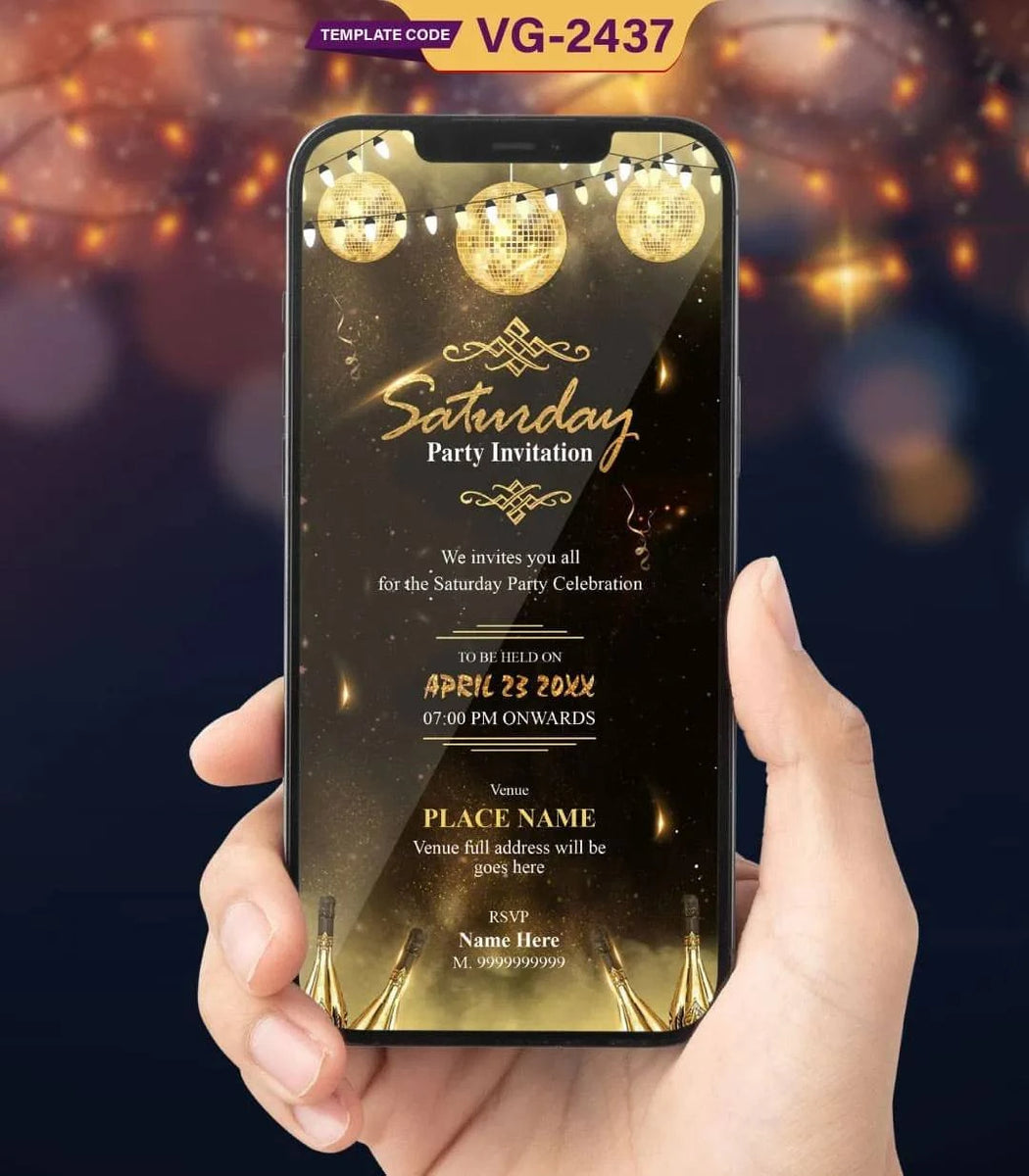 Saturday Night Party Invitation Card | Glamorous Champagne & Disco The ...