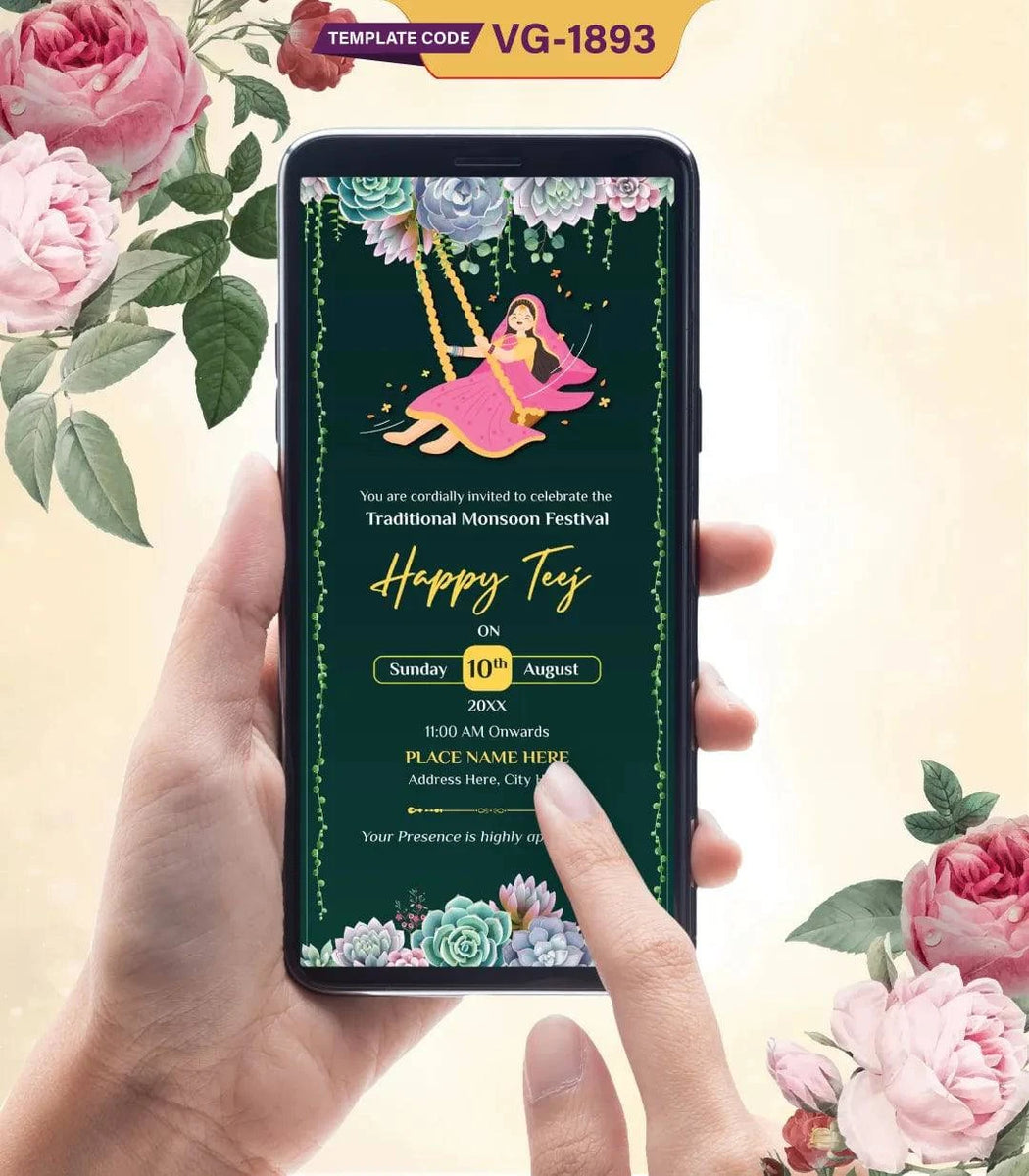Floral Teej Festival Digital Invitation Card | Traditional Monsoon Cel ...