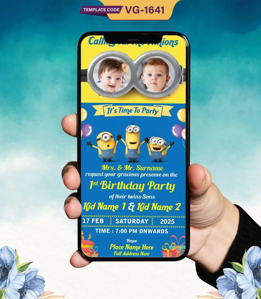 Twins Birthday Invitation Card | Minions Theme Digital Party E-Invite ...