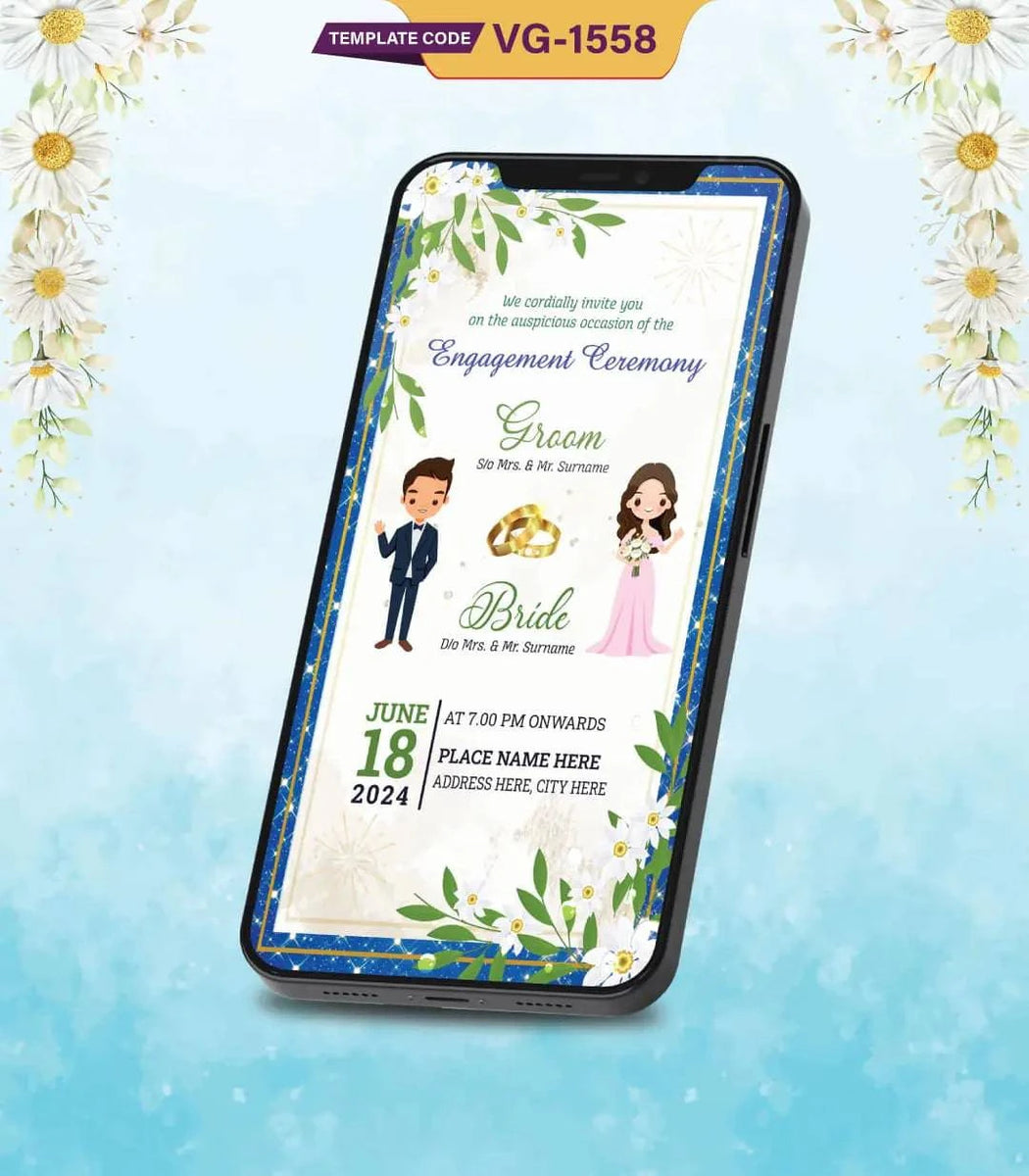 White Floral Engagement Invitation E-Card | Cute Cartoon Couple Ring C ...